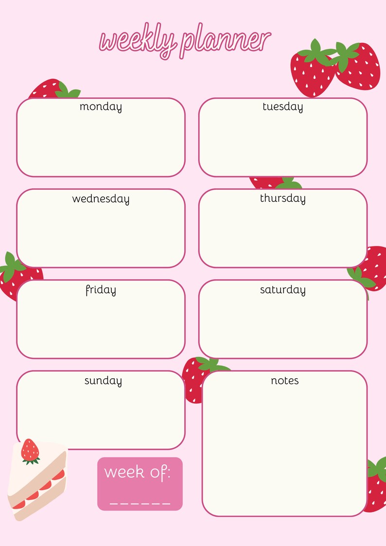 Cute Strawberry Weekly Planner, Printable and Instant Digital Download ...