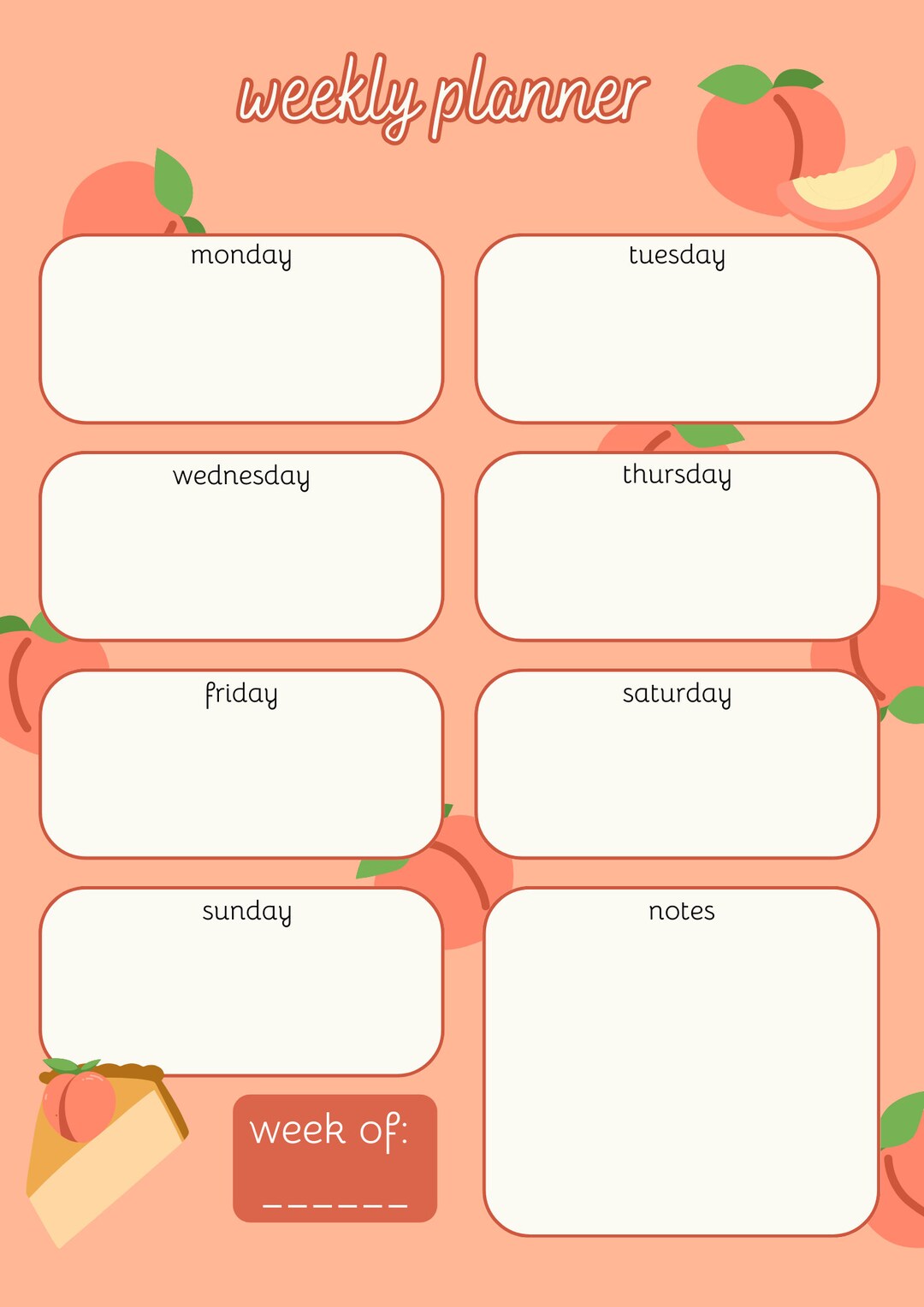 Cute Peach Weekly Planner, Printable and Instant Digital Download ...