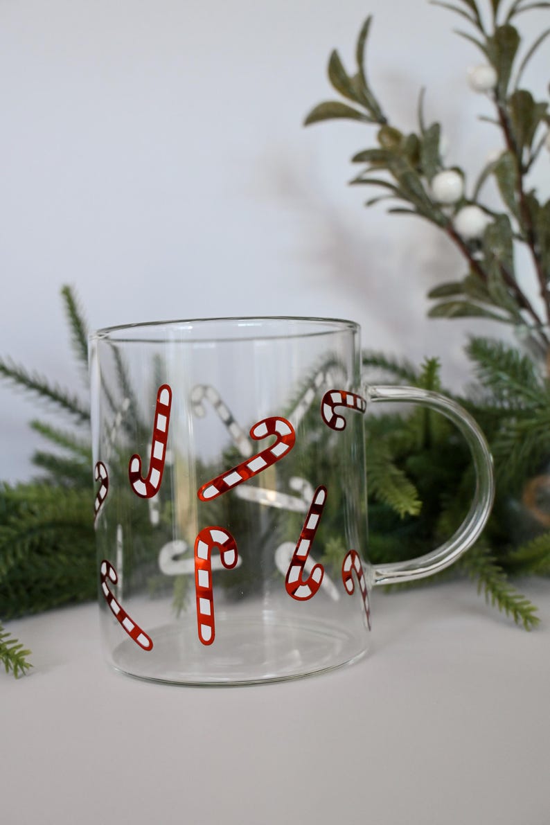 Candy Cane Glass Mug, Holiday Gift, Hot Cocoa Mug, Candy Cane Coffee Mug, Christmas Holiday ...