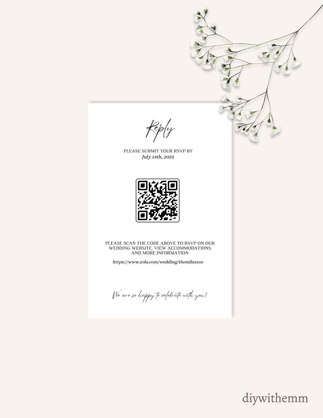 Minimalist QR Code RSVP Card Template, Simple Editable Wedding ...