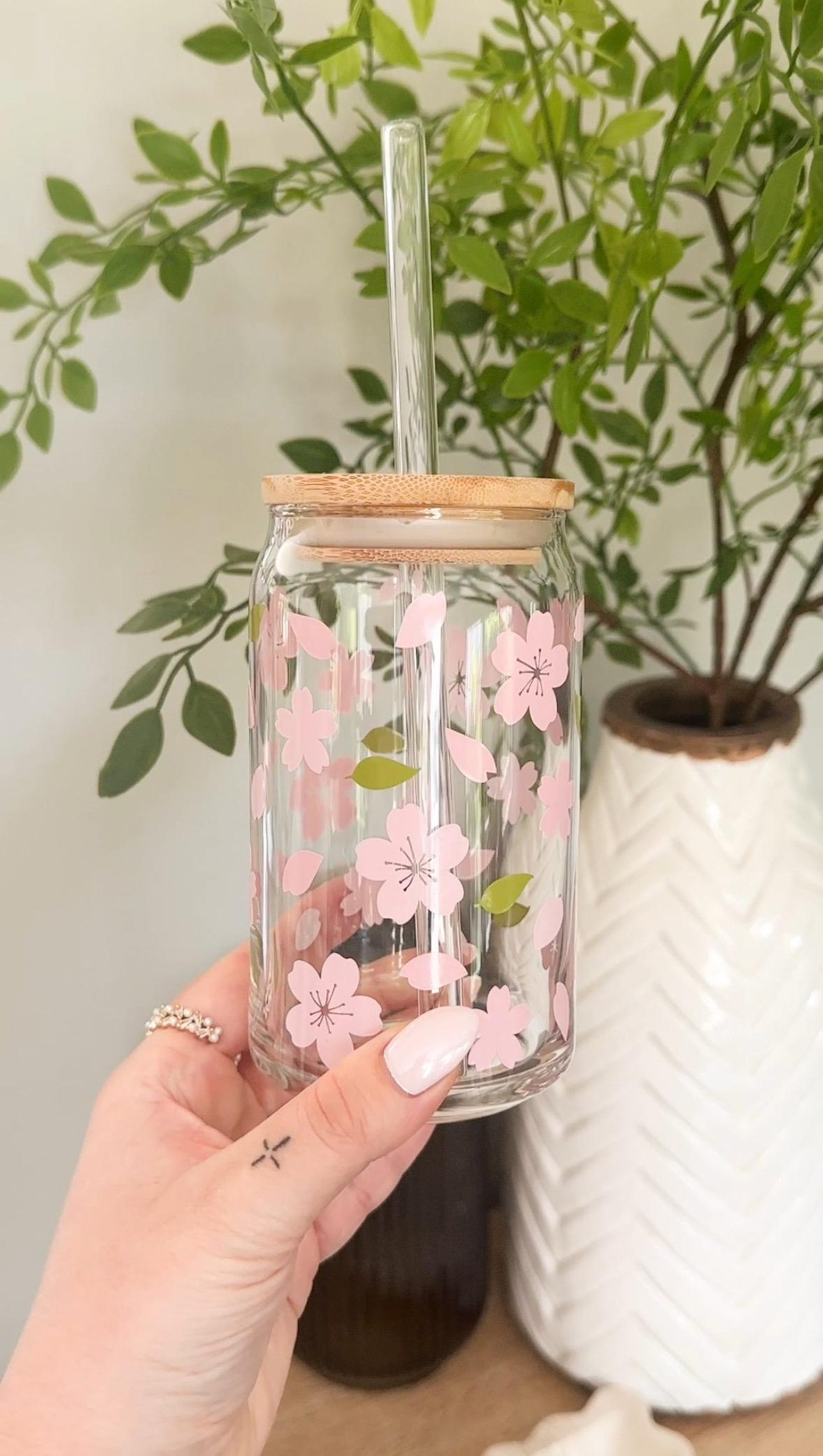 Sakura Cherry Blossom Glass Cup, Iced Coffee Glass, Spring Floral Glass ...