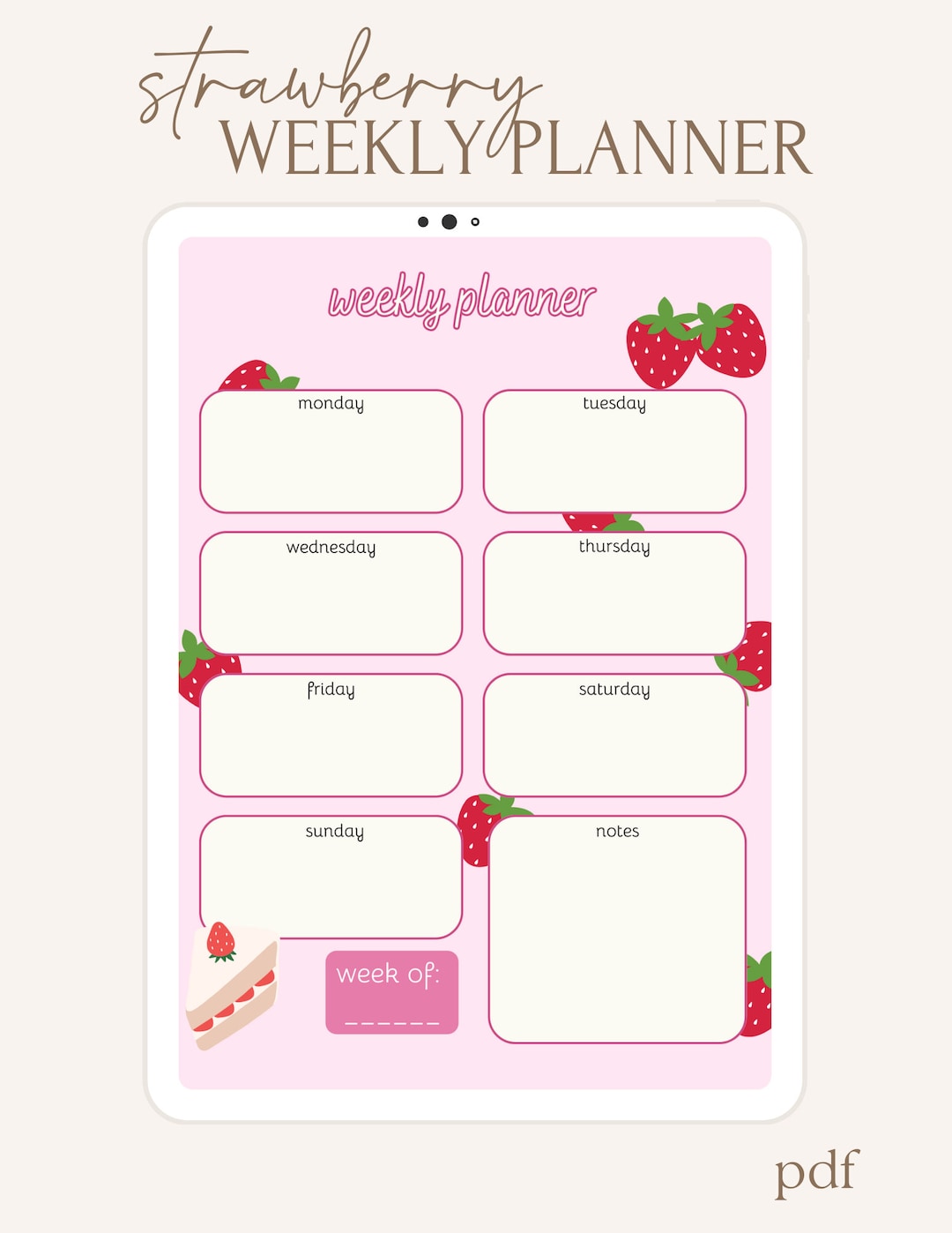 Cute Strawberry Weekly Planner, Printable and Instant Digital Download ...