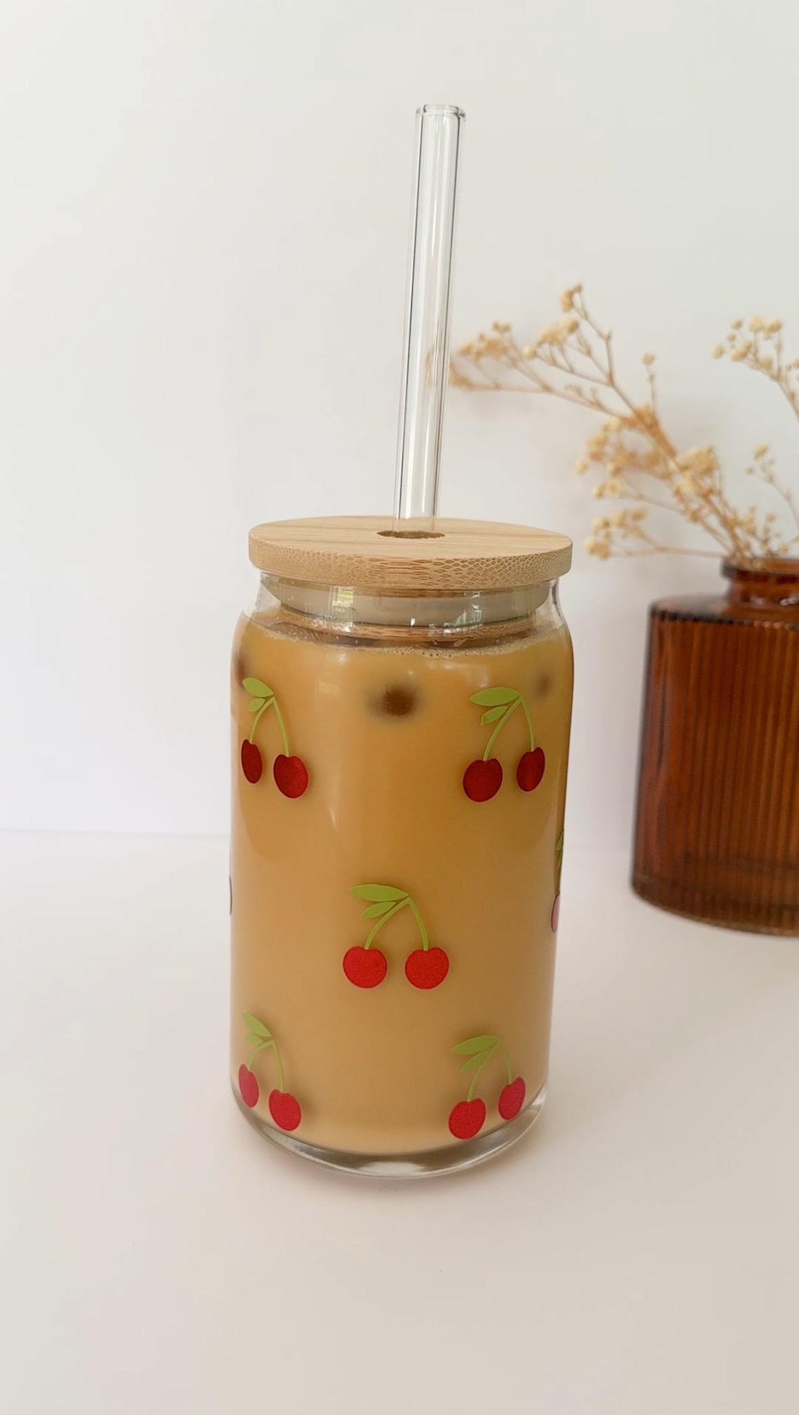 Cherries Glass Cup, Cherry Glass Can Tumbler, Iced Coffee Glass With ...