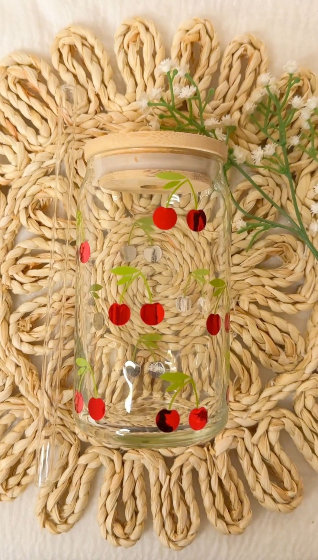Cherries Glass Cup, Cherry Glass Can Tumbler, Iced Coffee Glass With ...