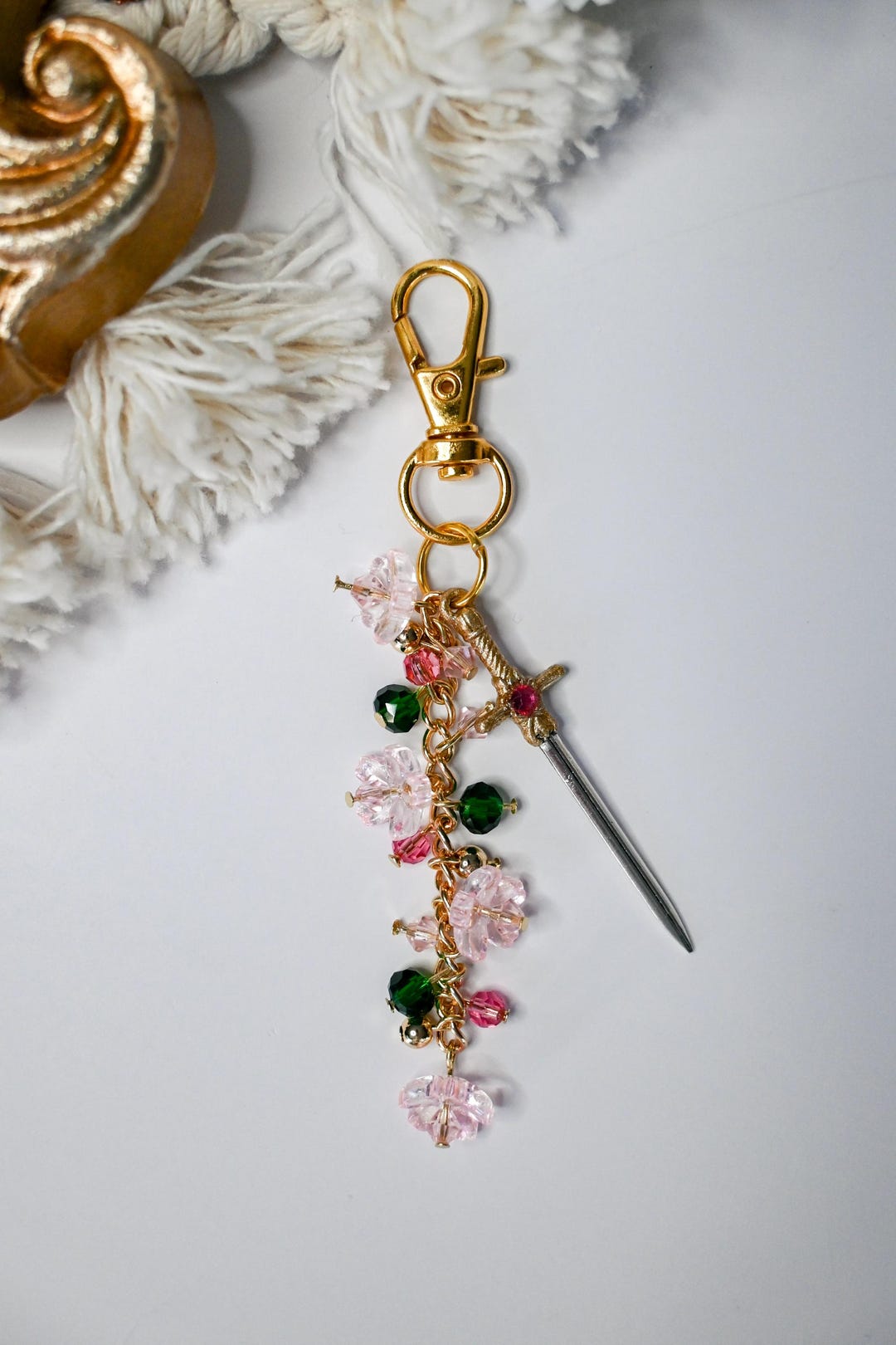 Fantasy Sword Beaded Keychain, Cherry Blossom Beaded Keychain, Handmade ...