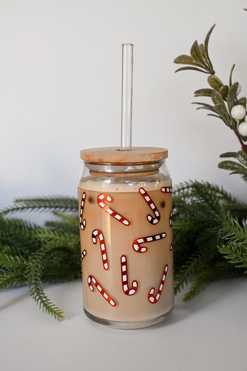 Candy Cane Glass Cup, Iced Coffee Glass, Candy Cane Glass Tumbler ...