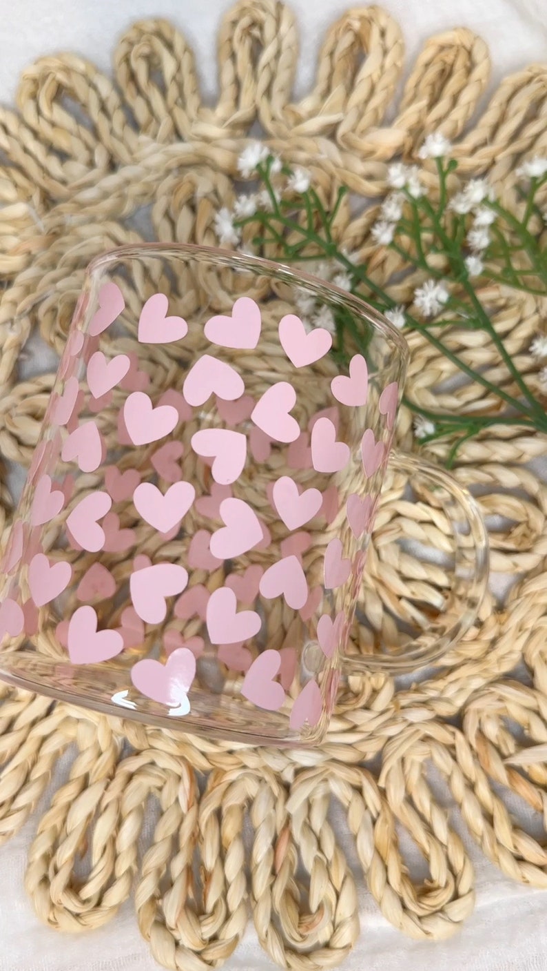 Light Pink Hearts Glass Mug, Gift for Her, Glass Coffee Cup, Glass Tea ...