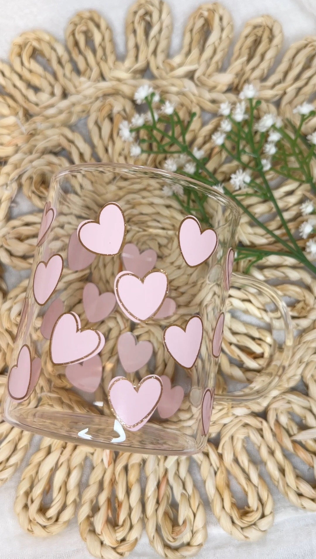 Pink Hearts Glass Mug, Gift for Her, Glass Coffee Cup, Glass Tea Mug ...