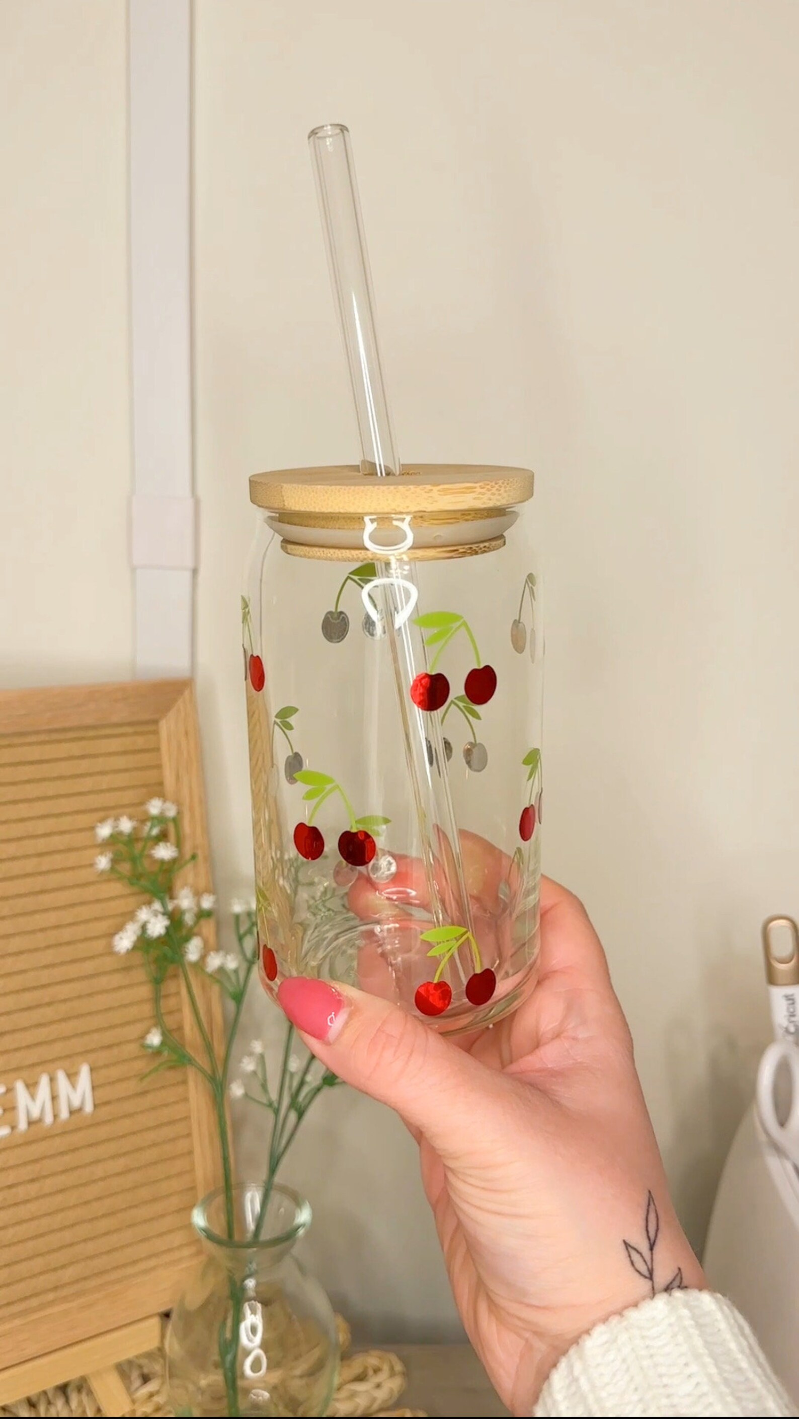 Cherries Glass Cup, Cherry Glass Can Tumbler, Iced Coffee Glass With ...
