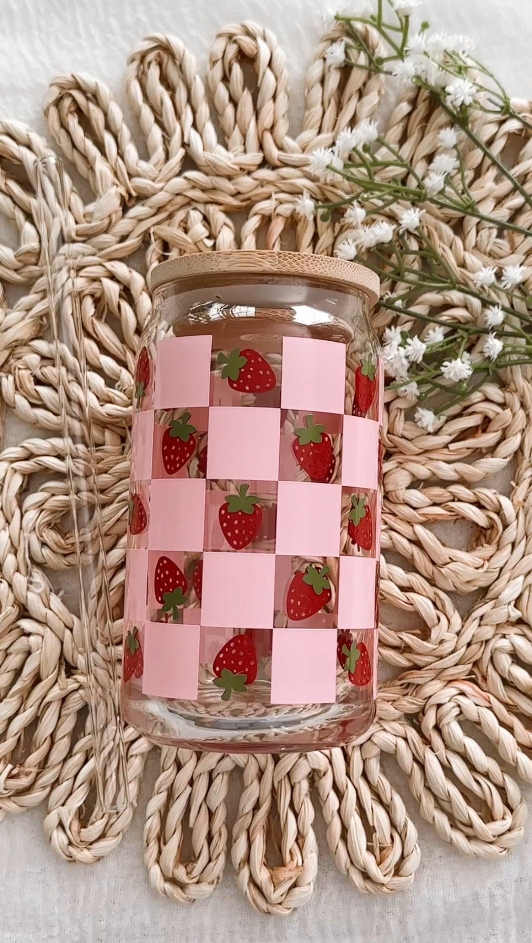 Pink Checkered Strawberry Glass Cup, Strawberry Gifts, Cute Iced Coffee ...