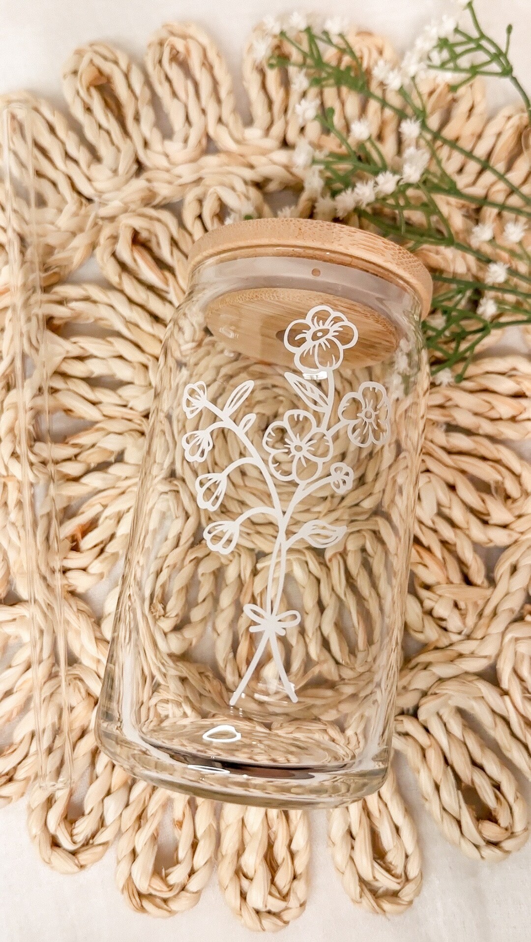 Flower Bouquet Glass Cup, Iced Coffee Glass, Floral Glass Can, Cute ...