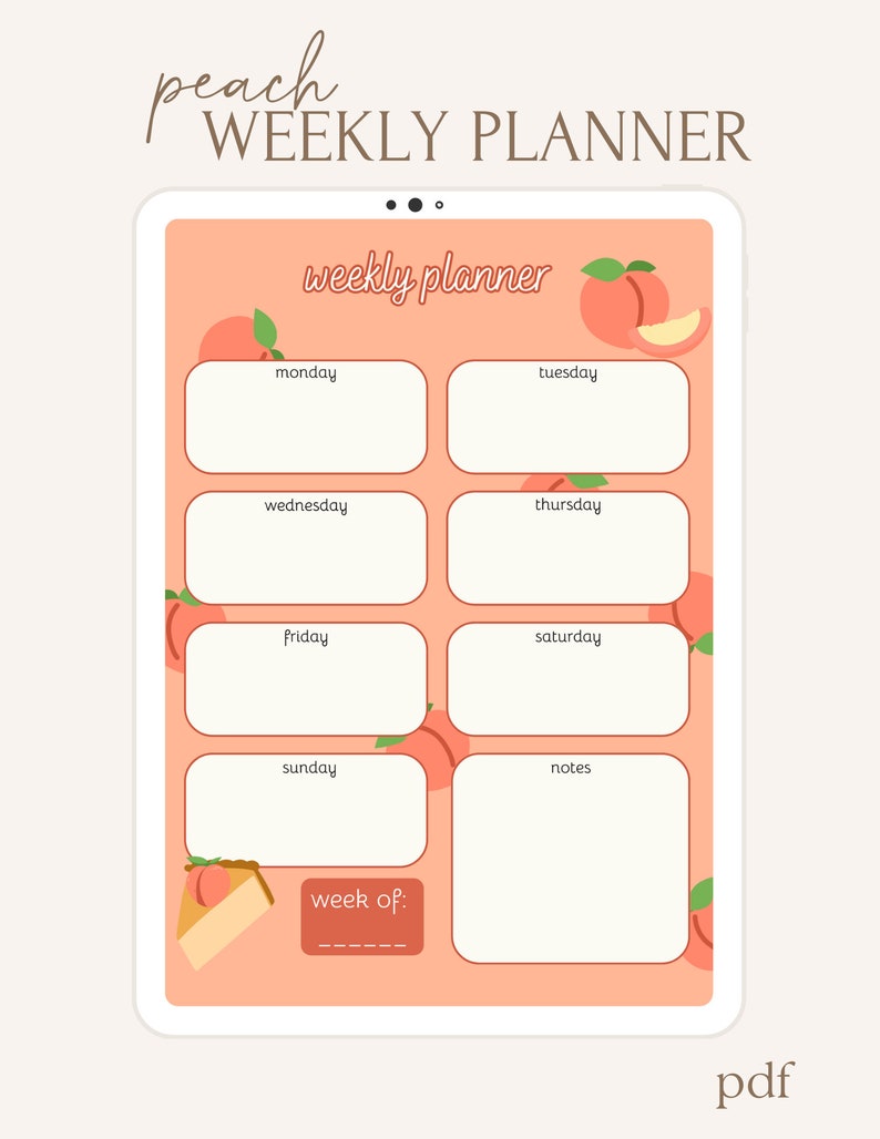 Cute Peach Weekly Planner, Printable and Instant Digital Download ...