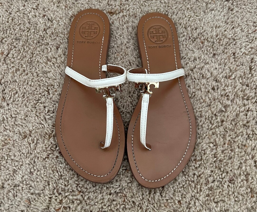 Tory Burch White Leather T Strap Logo Sandal 8 - Etsy