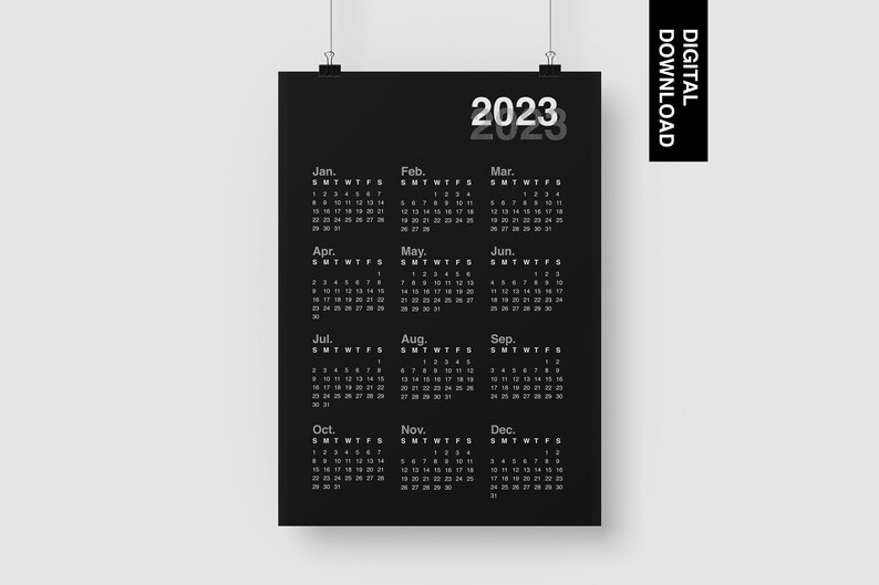 2023 Wall Calendar Digital Download Minimalist Black Poster Calendar Etsy