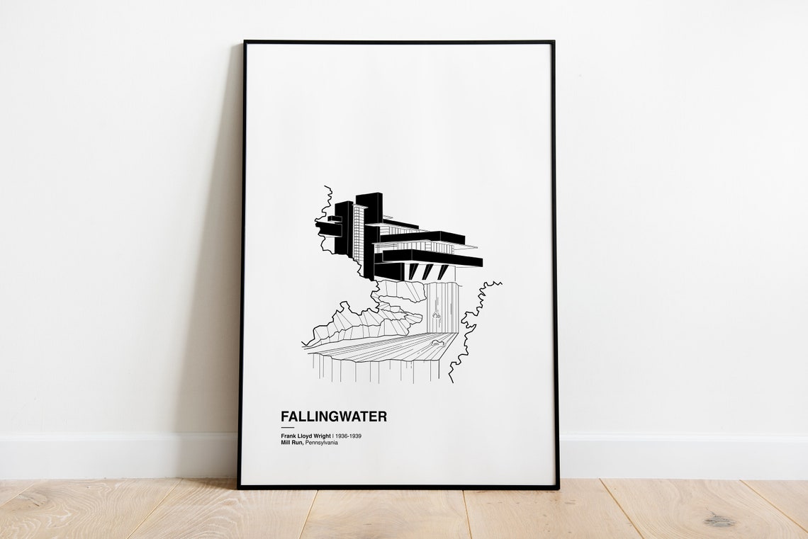 Fallingwater Print | Frank Lloyd Wright | Architecture Graphic Poster ...