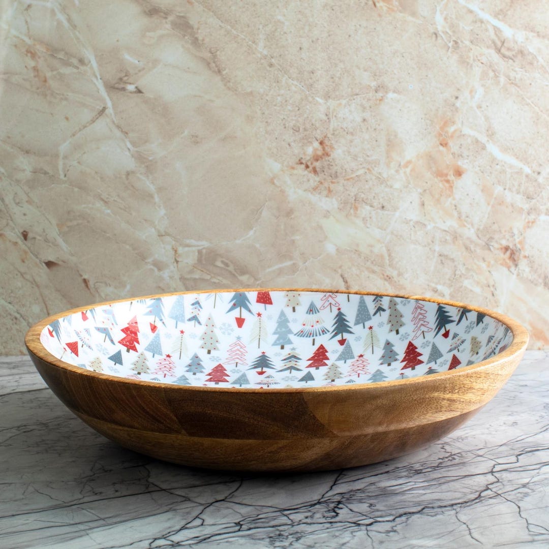 Large Flat Bowl With Holiday Print Enamel, Handcrafted, Mango Wood - Etsy