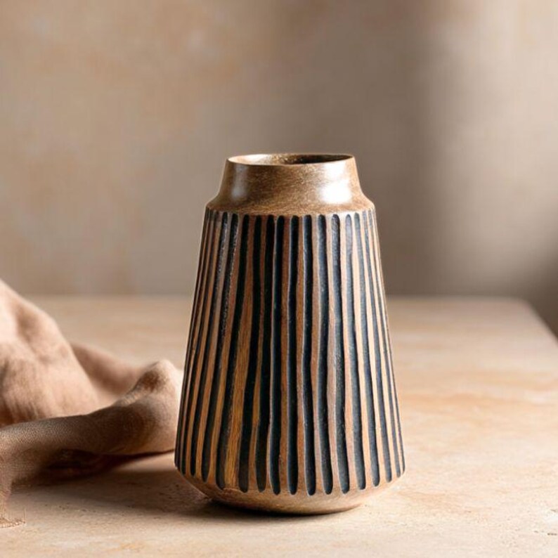 Mango Wood Vase With Black Accent Lines - Elegant Home Decor - Etsy