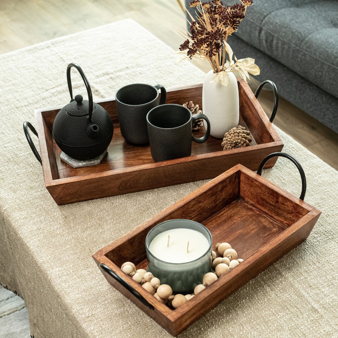 Wooden Serving Trays With Handles, Set of 2 Large & Small Rustic Trays ...