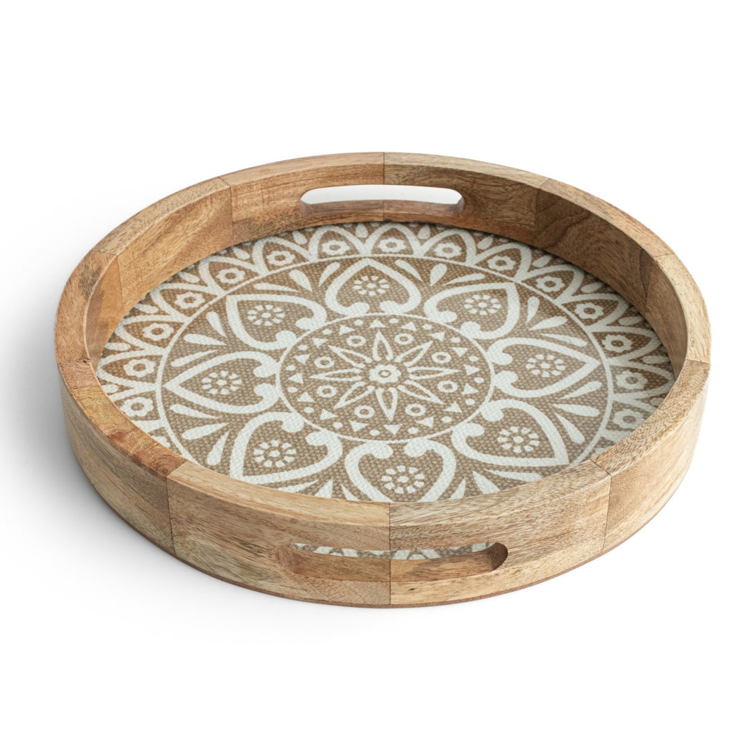 Wooden Decorative Tray With Knitted Cotton Mat, Handcrafted Round ...