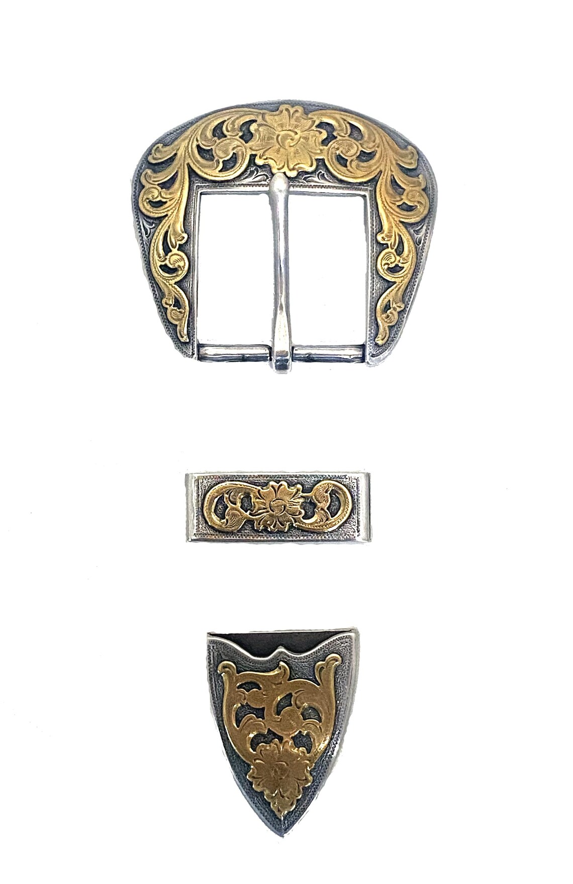 Floral Engraved Belt Buckle Set: Antique Silver and Gold, Fits 1-1/2 ...