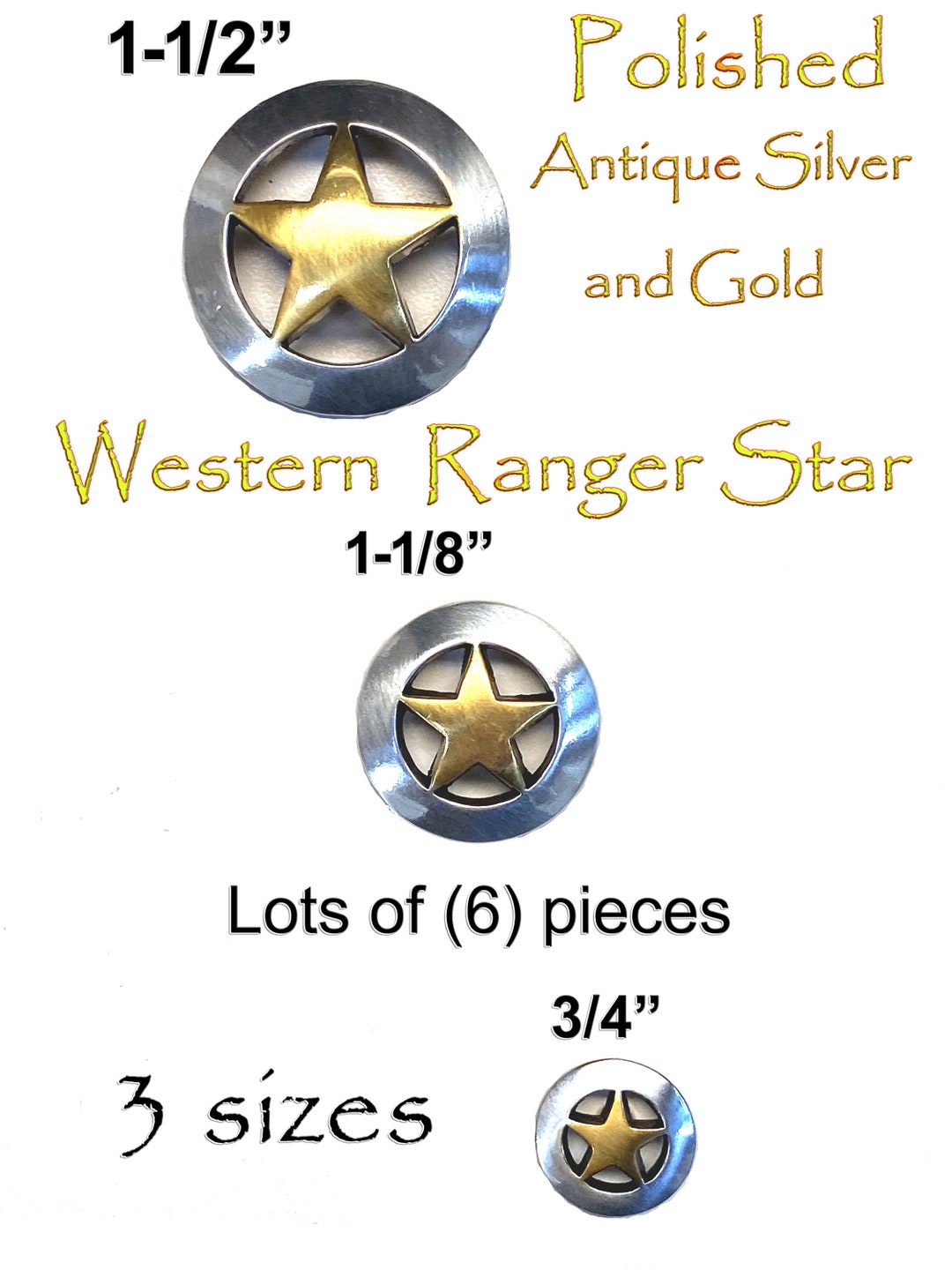 6 PCS Western Ranger Star Polished Antique Silver and Gold Screwback ...