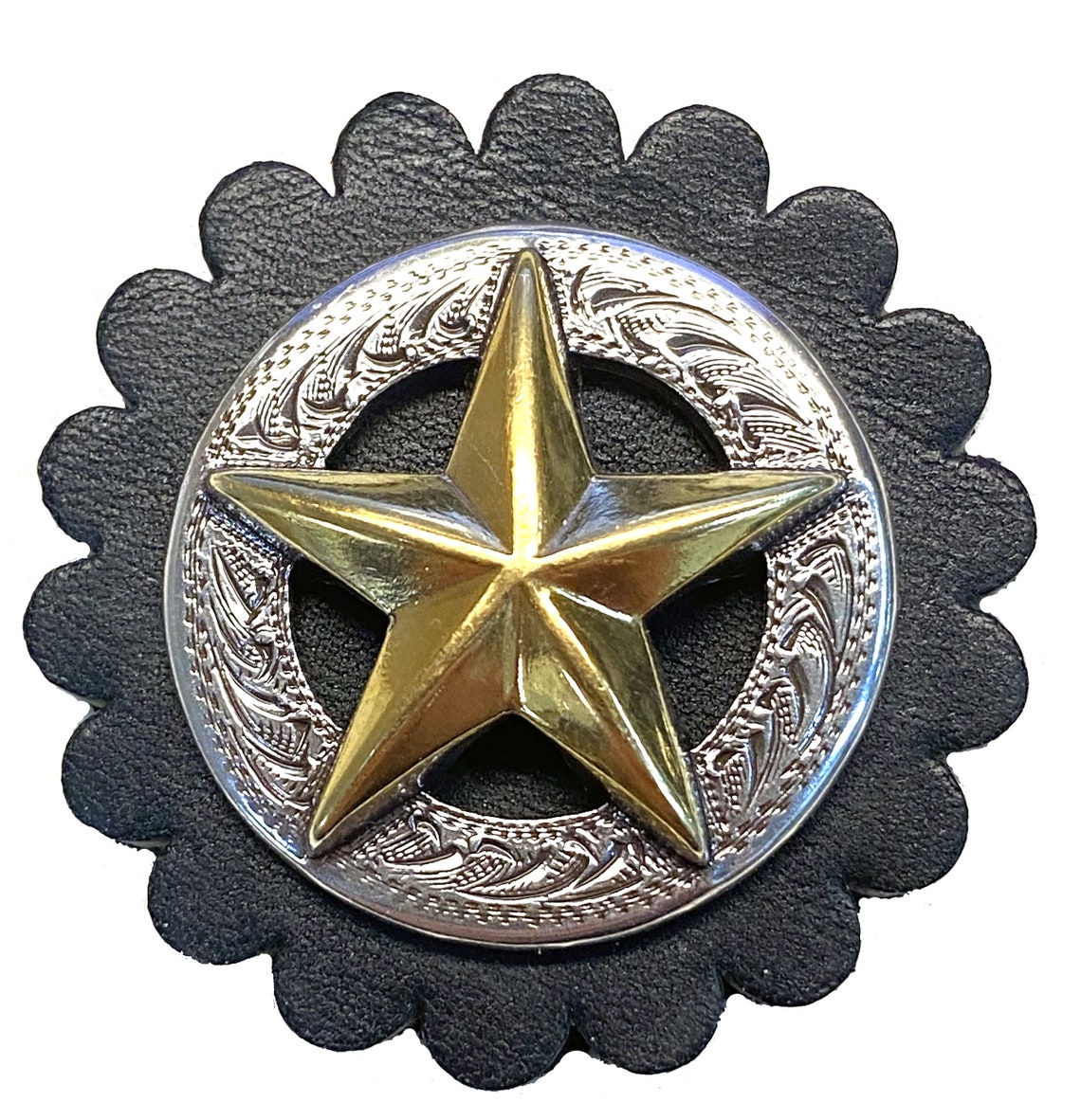 Black Leather Rosette Paired Western Gold and Silver Raised Star Concho ...