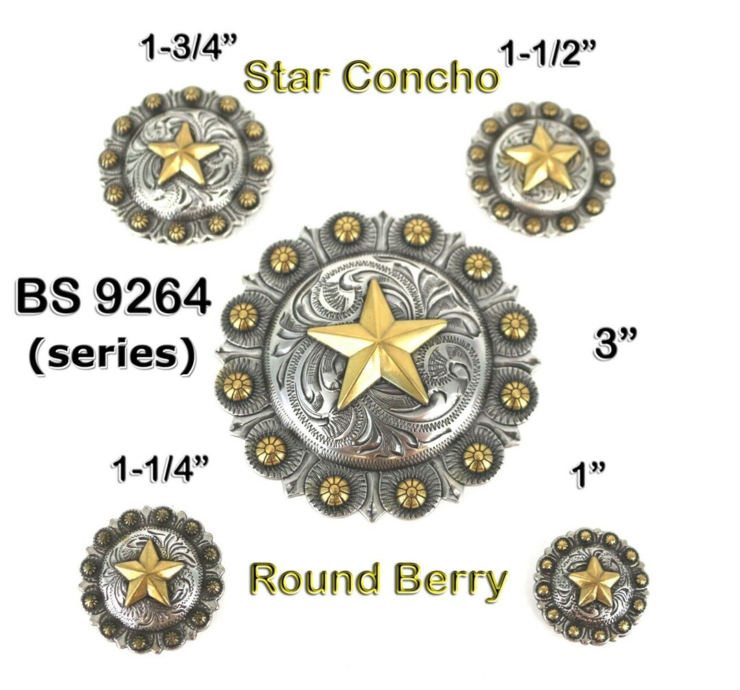 Conchos Lot of 6 PCS BS 9264 Series Round Western Engraved Berry Star ...
