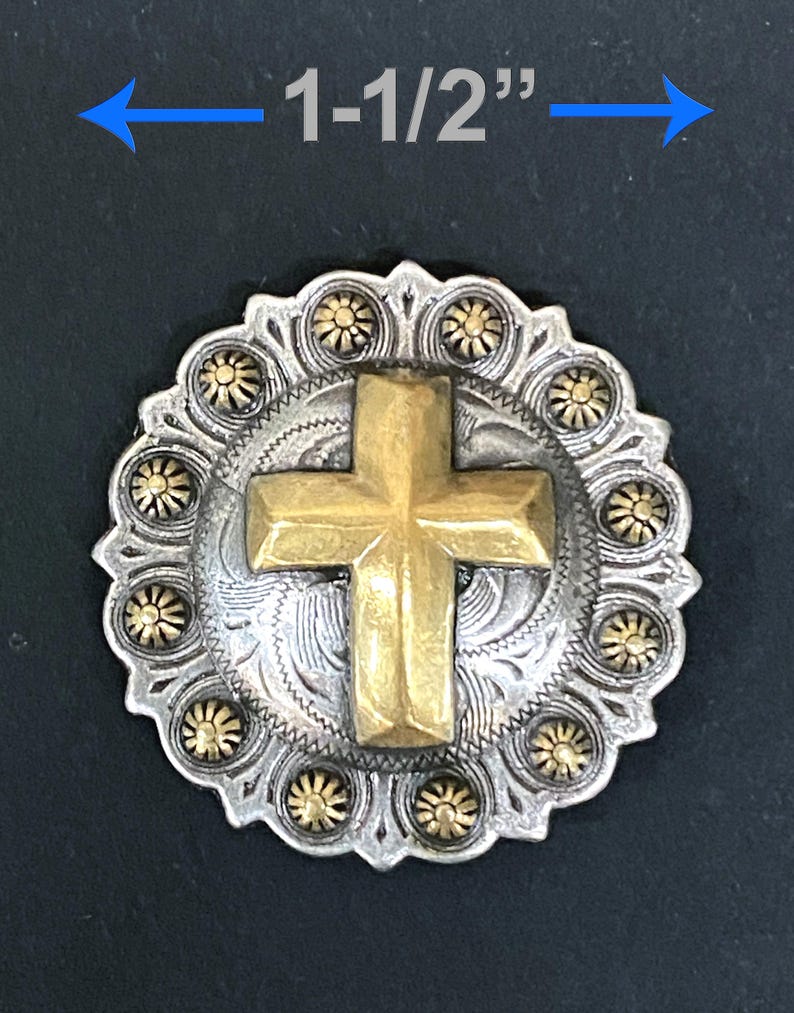 Engraved Christian Cross Conchos: Antique Silver & Gold Rodeo Berry ...