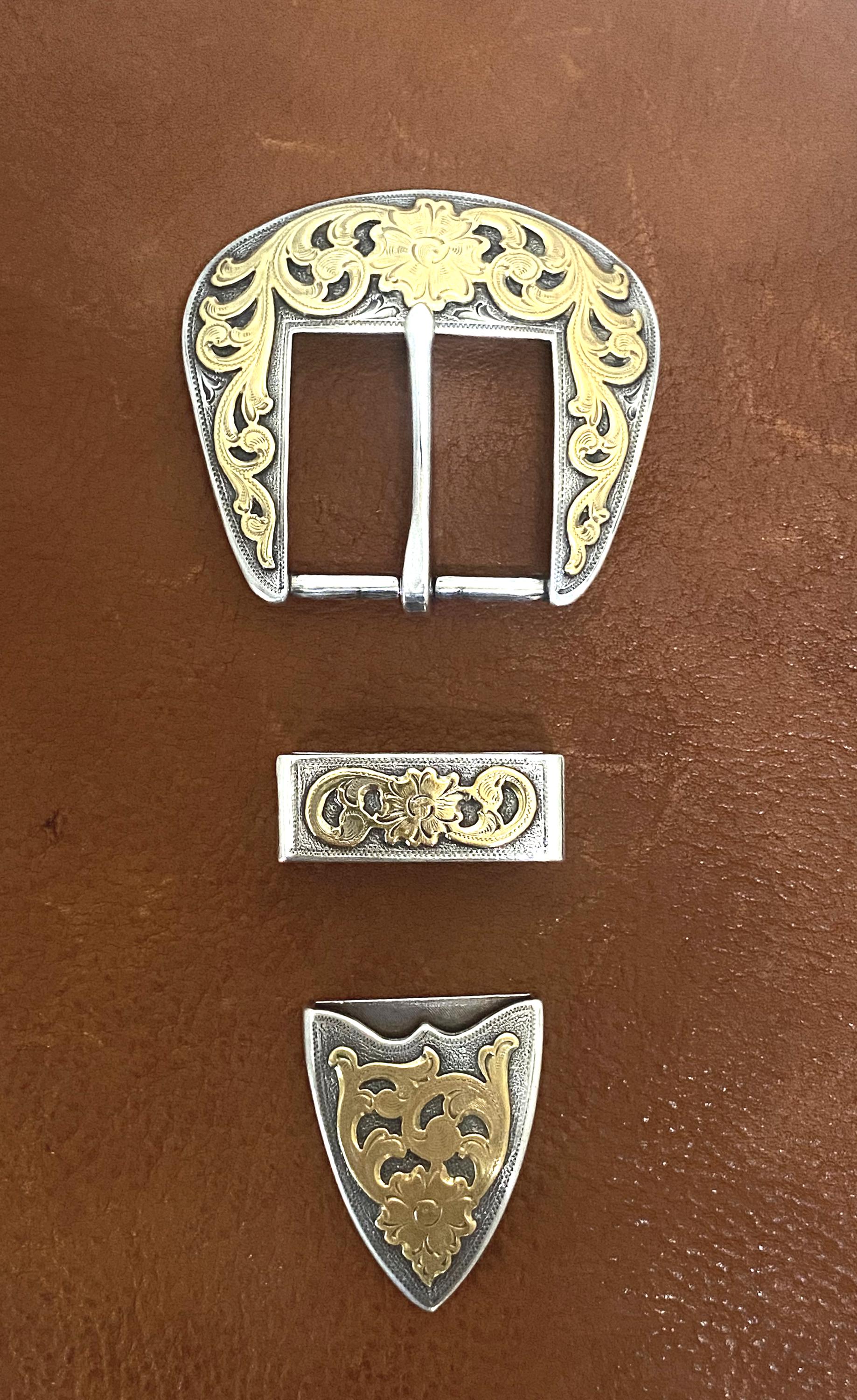 Floral Engraved Belt Buckle Set: Antique Silver and Gold, Fits 1-1/2 ...