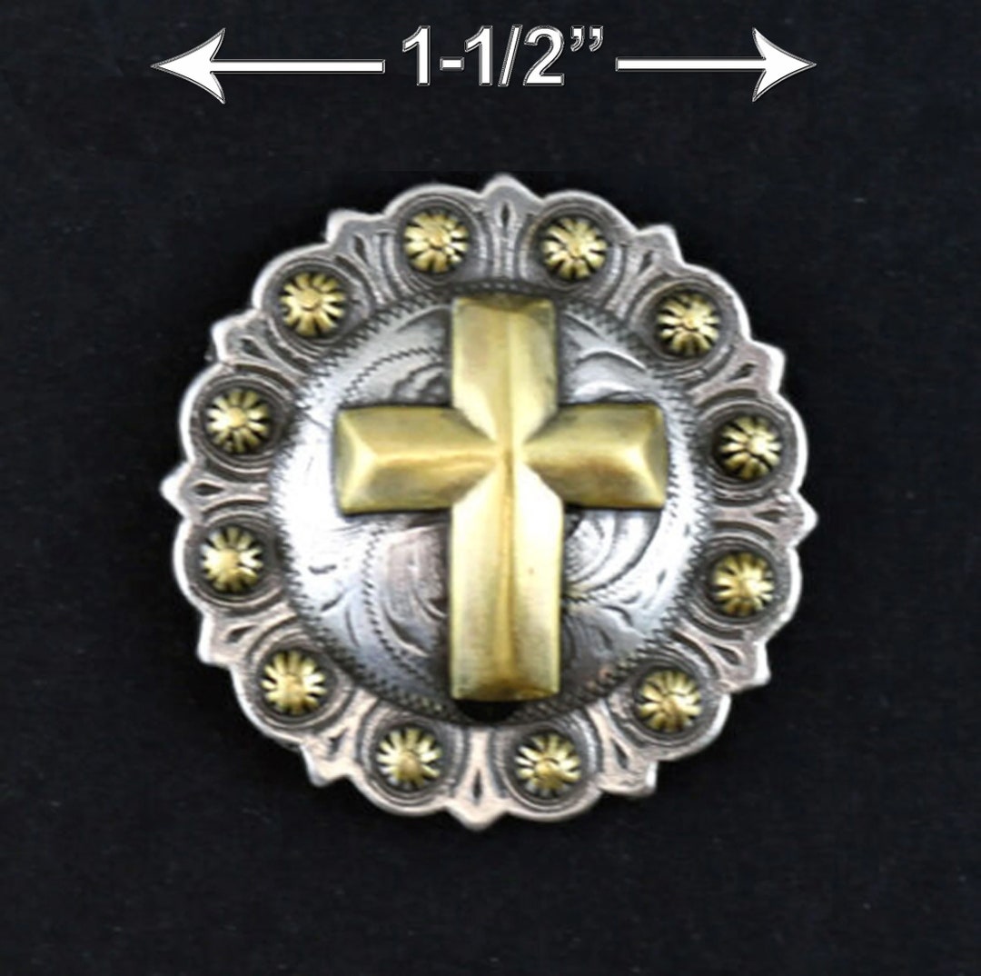 Engraved Christian Cross Conchos: Antique Silver & Gold Rodeo Berry ...