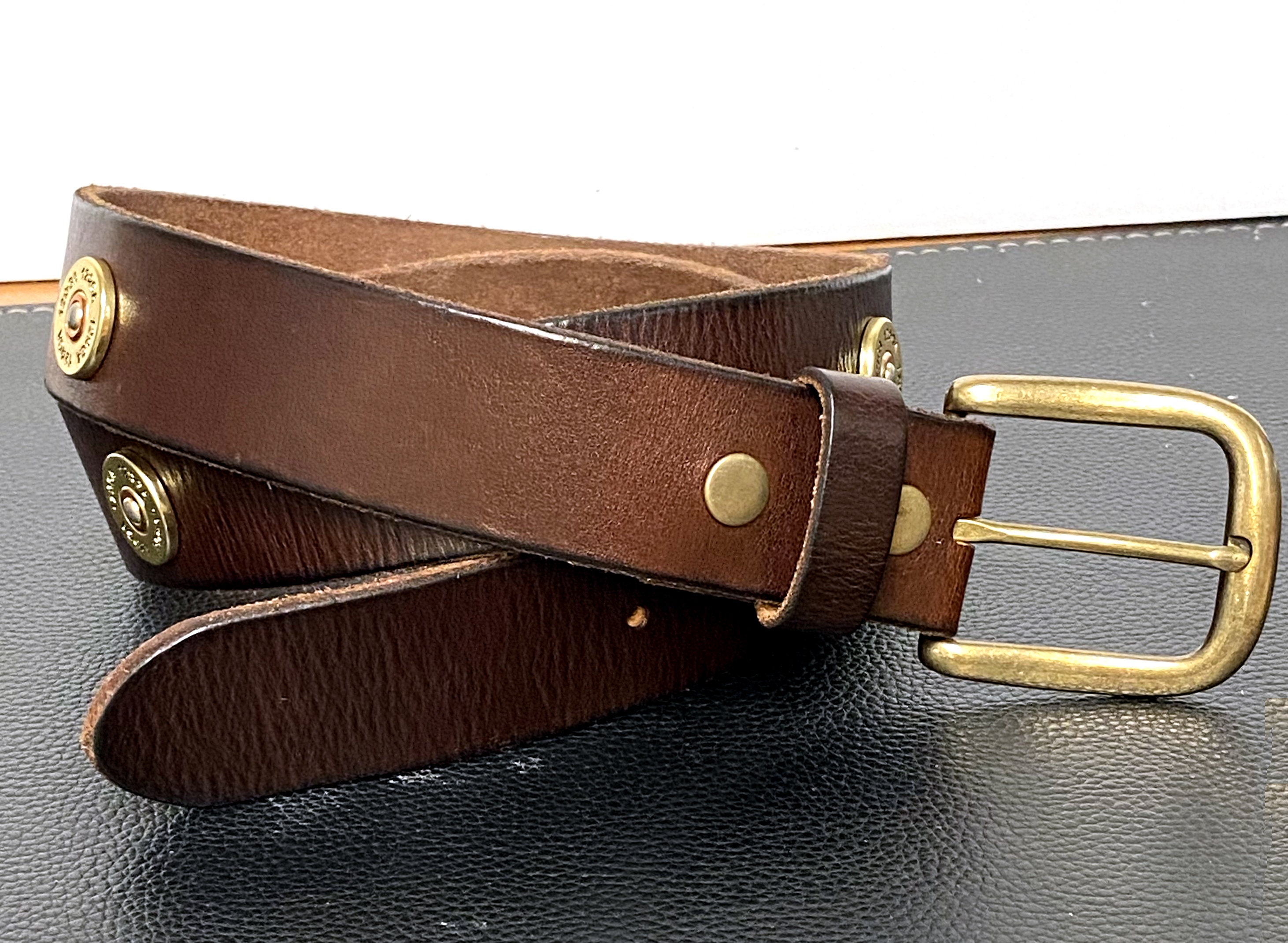 Shotgun Shell Full Grain Leather Casual Vintage Belt With Antique Brass ...