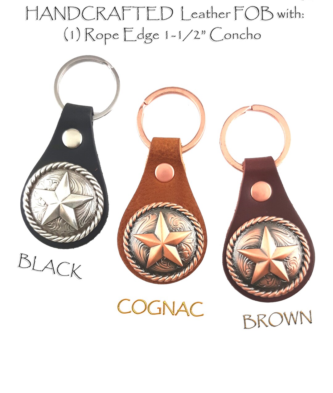 Handmade Leather Key Fob: USA Made, Rope Edge Star Concho -3 Colors - Etsy