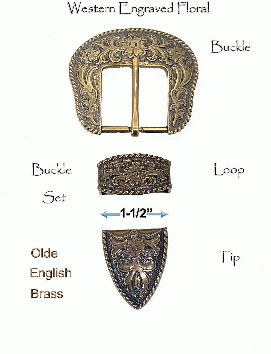 Floral Engraved Western Belt Buckle Set: Antique Brass Finish, 1-1/2 ...