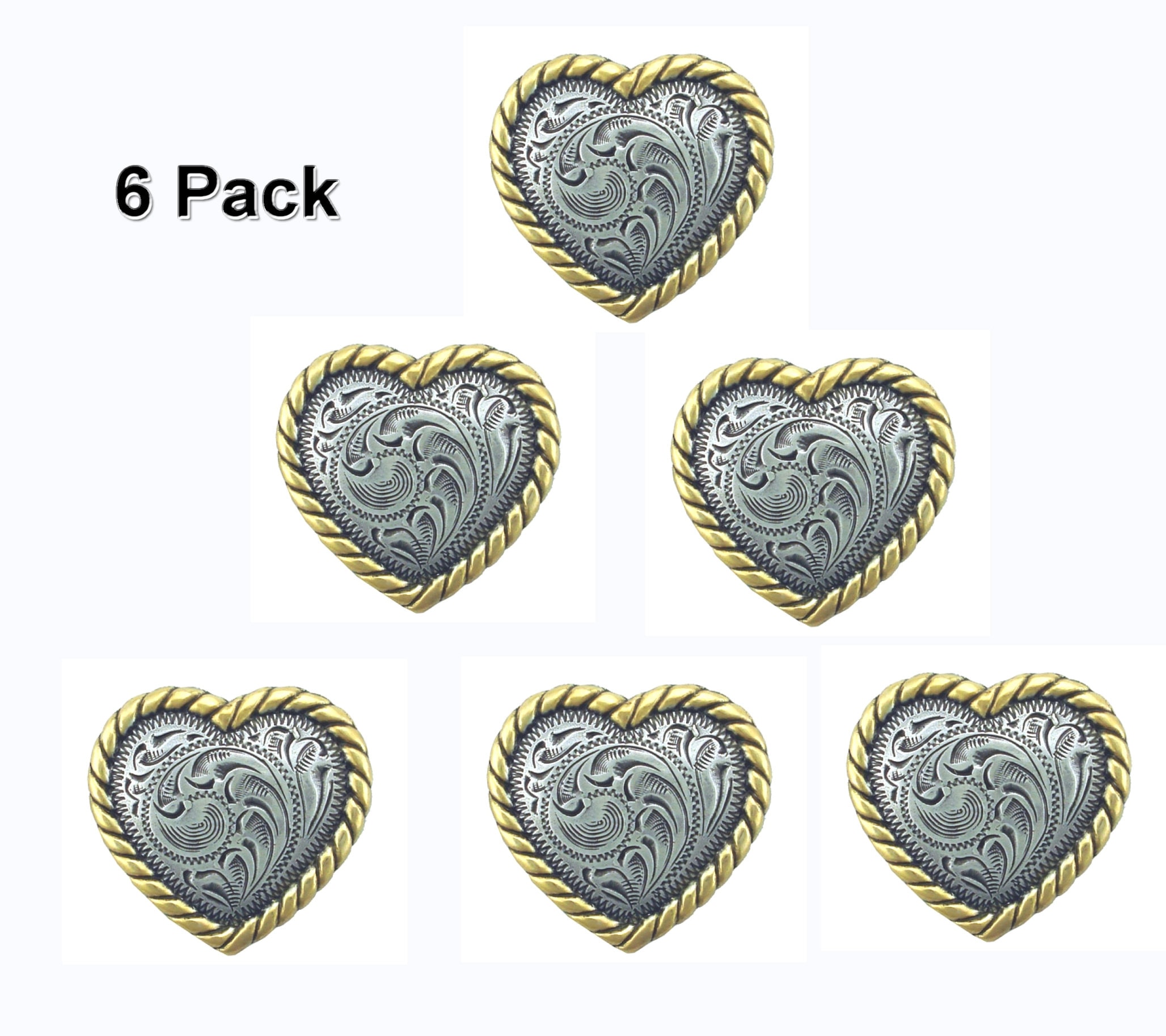 6 PCS Western Heart Rope Edge Antique Silver and Gold Screwback Concho ...