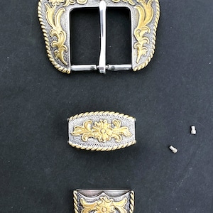3-D Floral Engraved - 3 Piece Buckle Set: Antique Silver & Gold, Fits 1 ...
