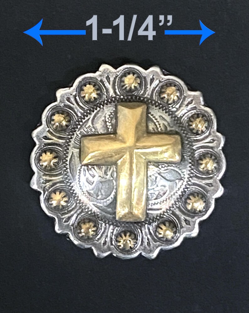 Engraved Christian Cross Conchos: Antique Silver & Gold Rodeo Berry ...