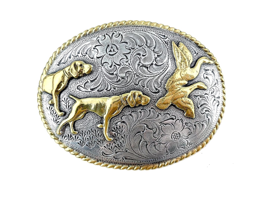 Hunting Dogs & Birds Belt Buckle: Western Silver-and-gold Plated Trophy ...