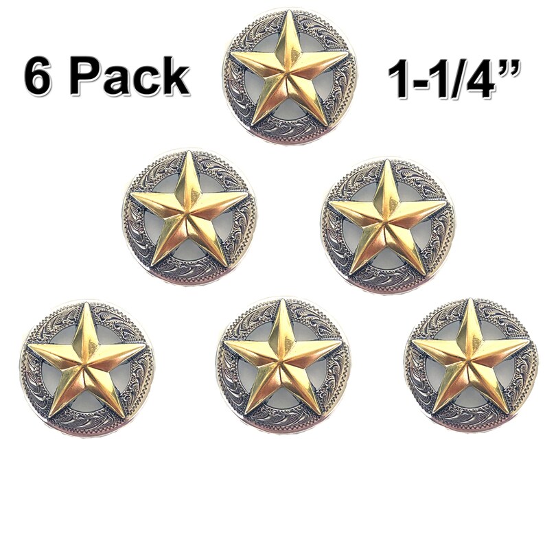 6 Screw Back Conchos Round Engraved Star Antique Silver & Gold Finish ...