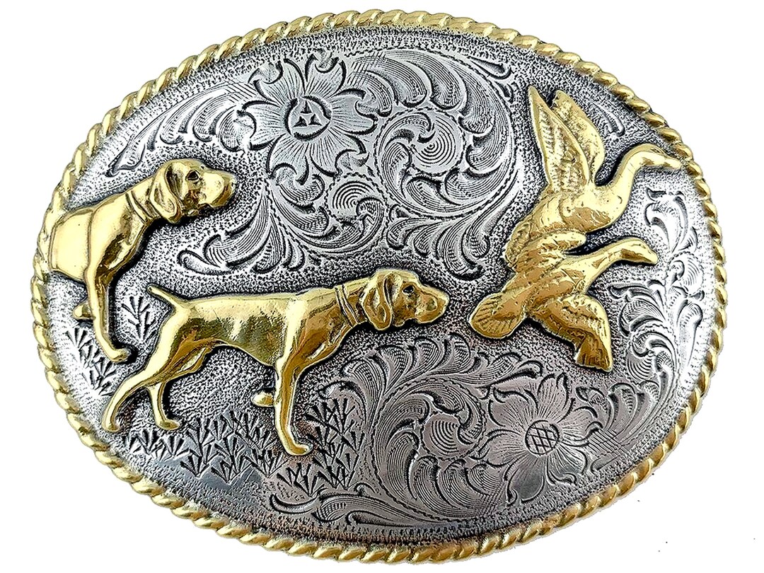 Oval Rope Edge Dogs and Birds Hunting Trophy Western Style Silver-and ...