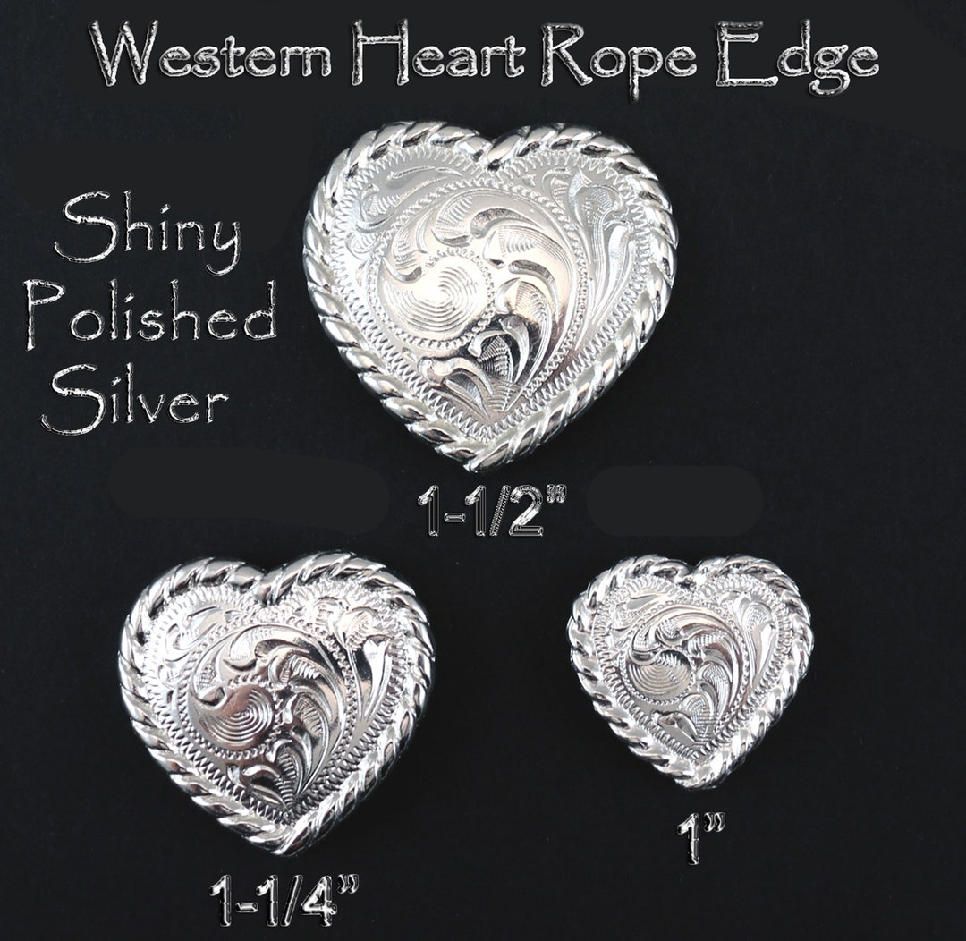 6 PCS Western Heart Rope Edge Shiny Polished Silver screwback Concho ...
