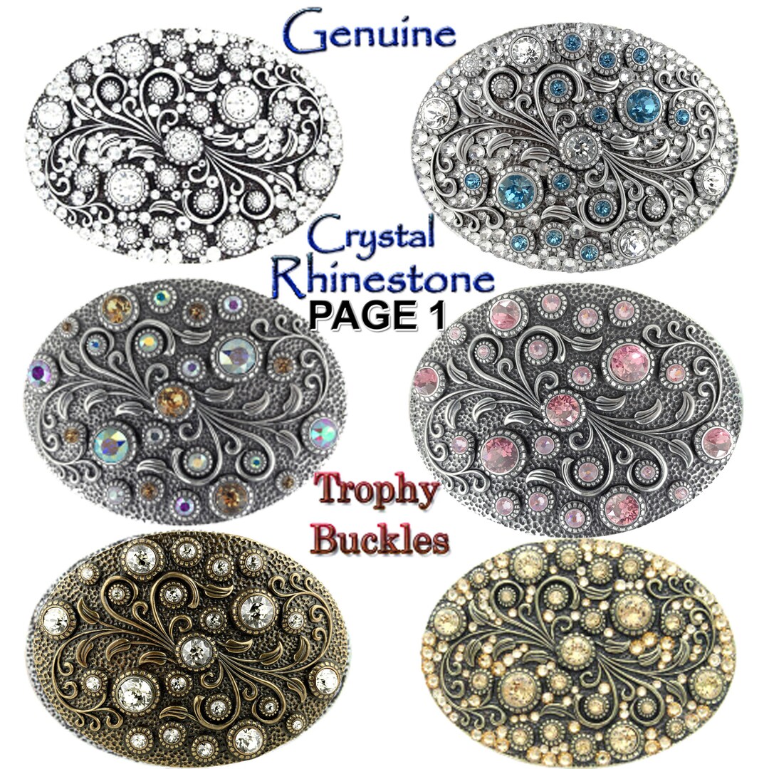 Rhinestone Crystal Belt Buckle Antique Brass or Silver Oval Floral ...
