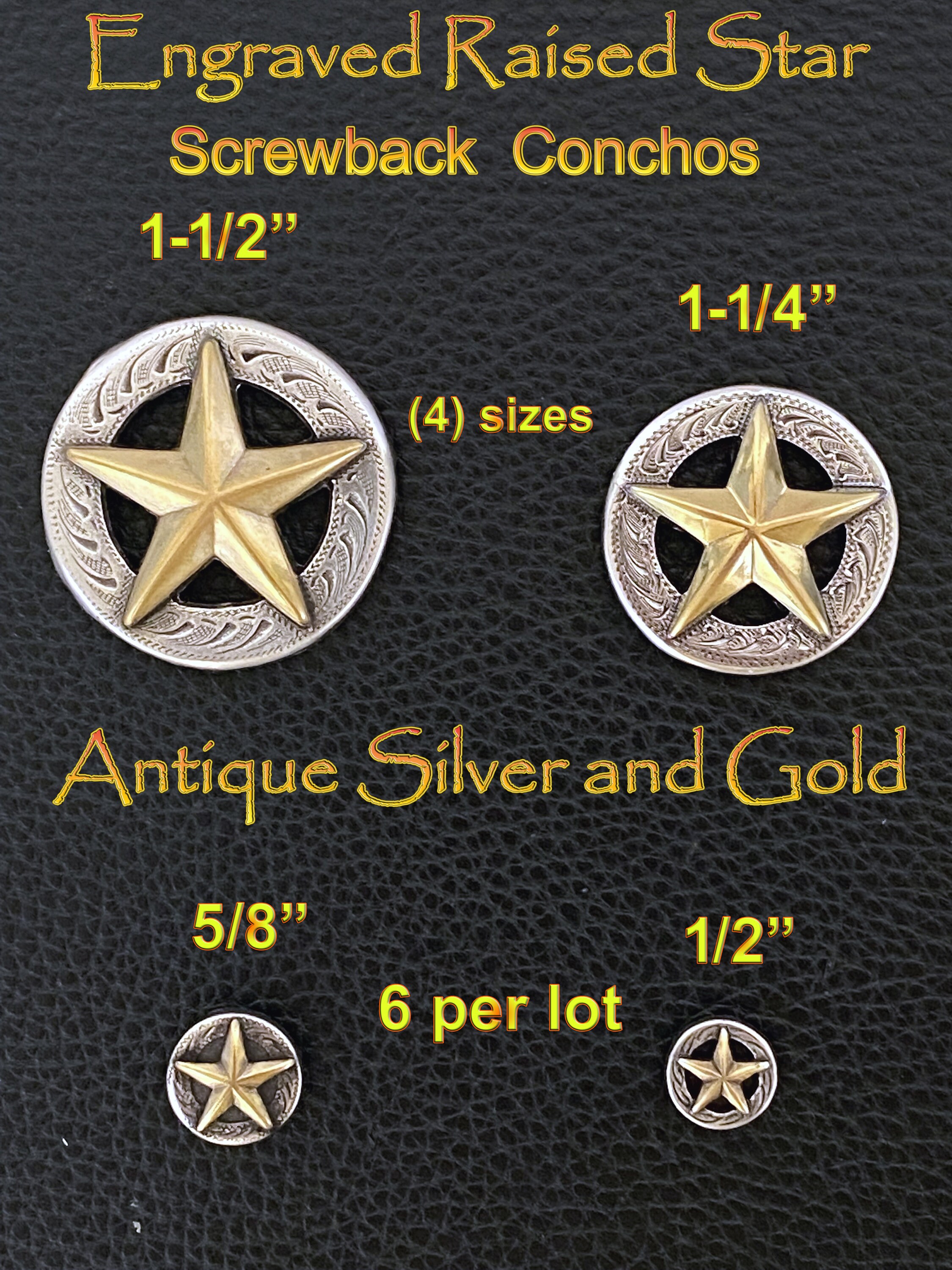 6 Screw Back Conchos Round Engraved Star Antique Silver & Gold Finish ...