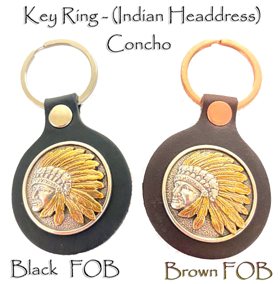 Rounded Leather Key Ring With Indian Headdress Concho (two) Colors ...