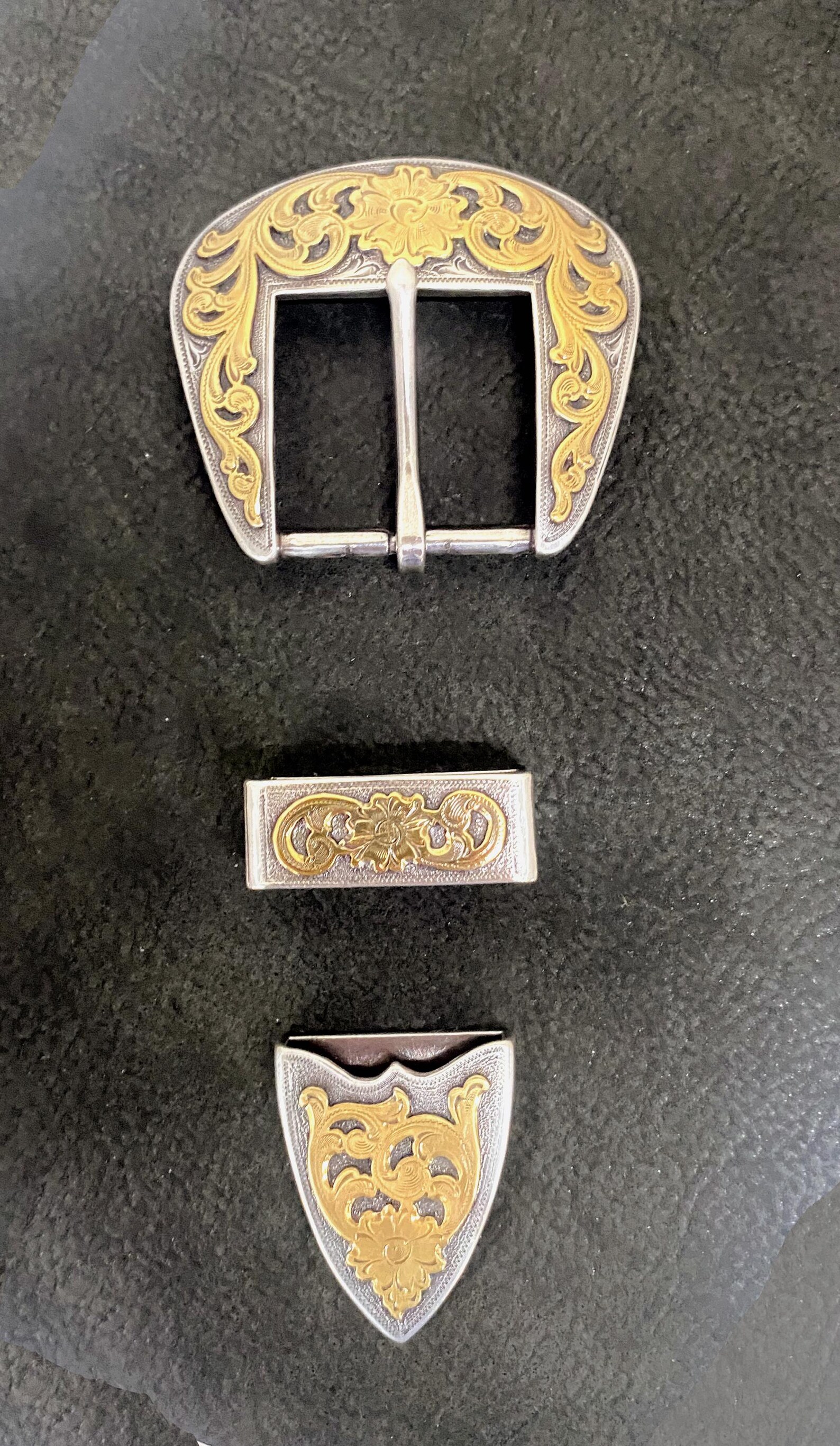 Floral Engraved Belt Buckle Set: Antique Silver and Gold, Fits 1-1/2 ...