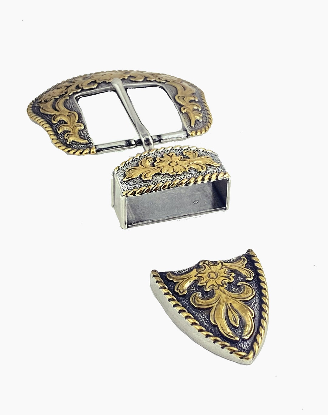 3-D Floral Engraved - 3 Piece Buckle Set: Antique Silver & Gold, Fits 1 ...