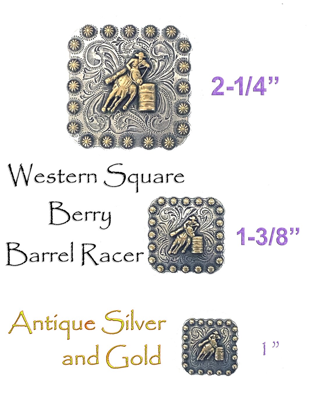 6 PCS Western Floral Engraved Square Berry Edge Antique Silver and Gold ...