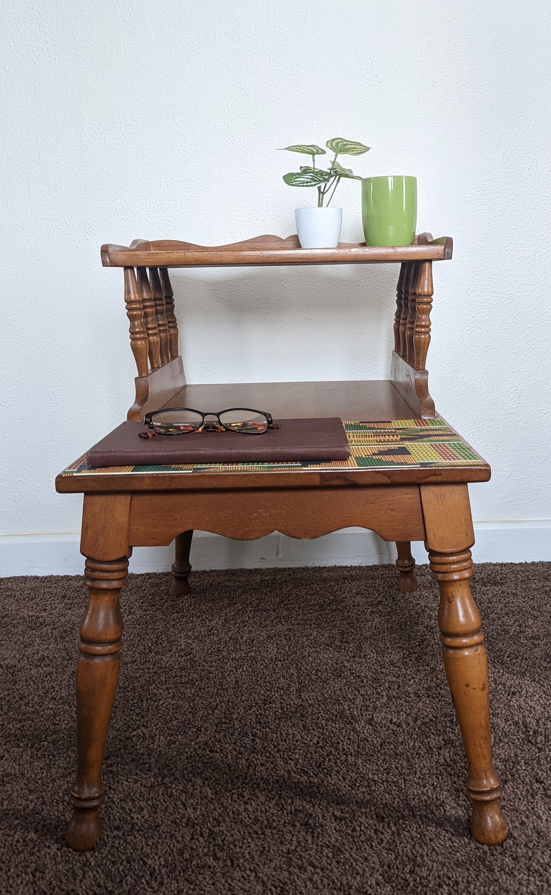 Vintage Step up End Table With African Kente Print, Accent Table ...