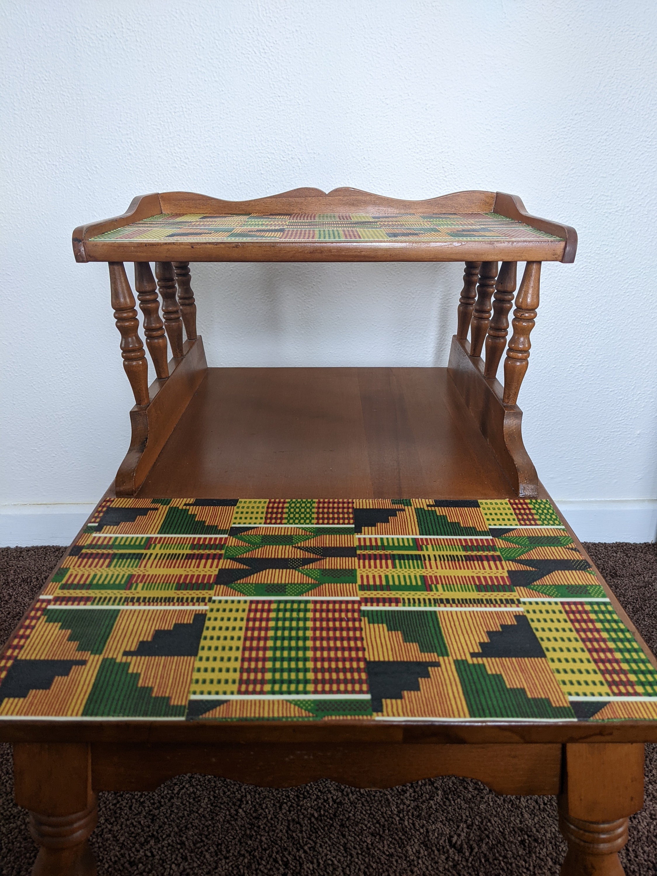 Vintage Step up End Table With African Kente Print, Accent Table ...