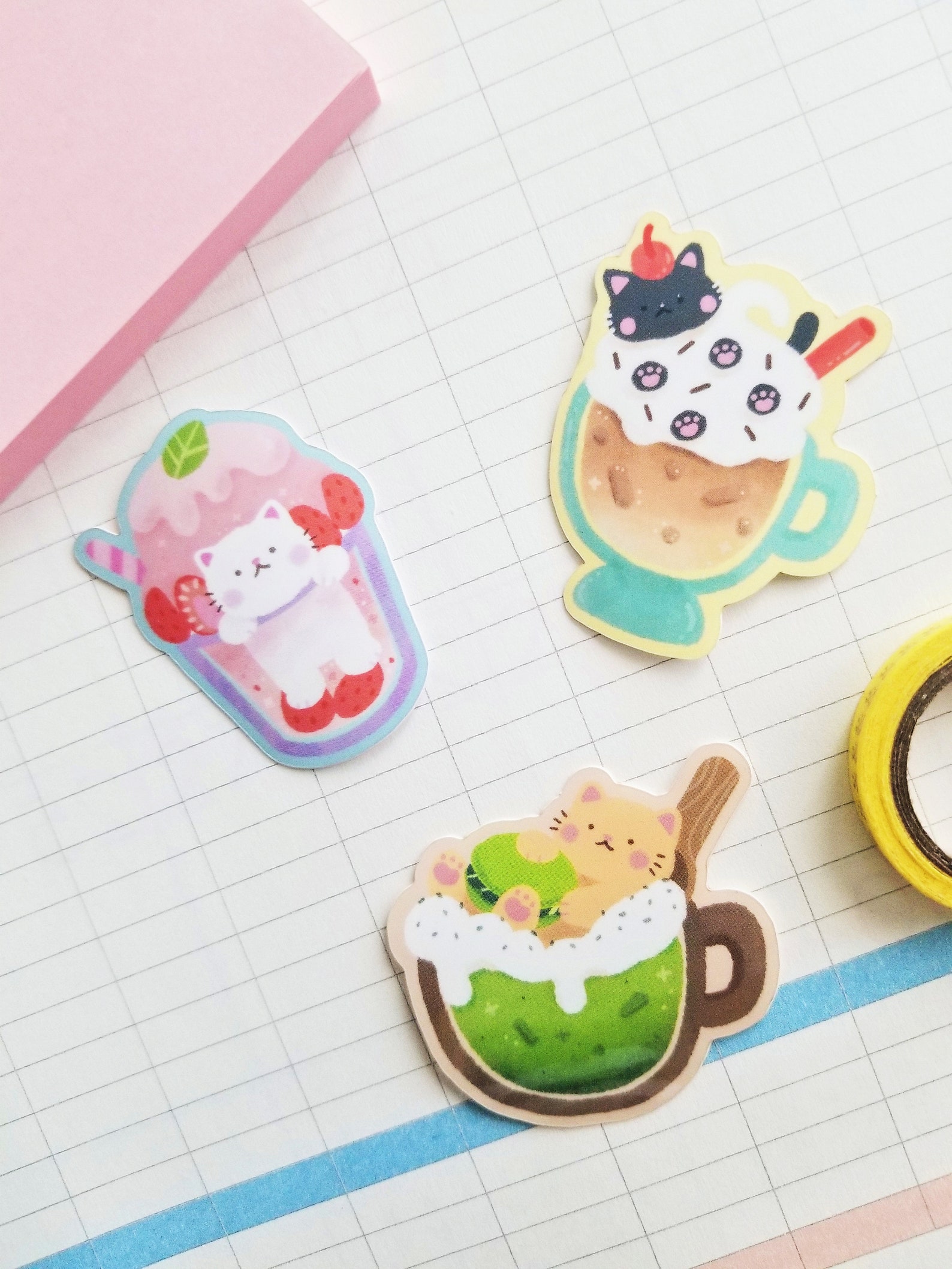 Cat Cafe Glossy Vinyl Sticker Set Kawaii Vinyl Sticker - Etsy