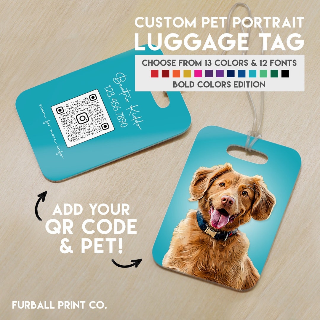 QR Code LUGGAGE Tag W/ Pet Portrait | Personalized Modern Dog + Cat ...